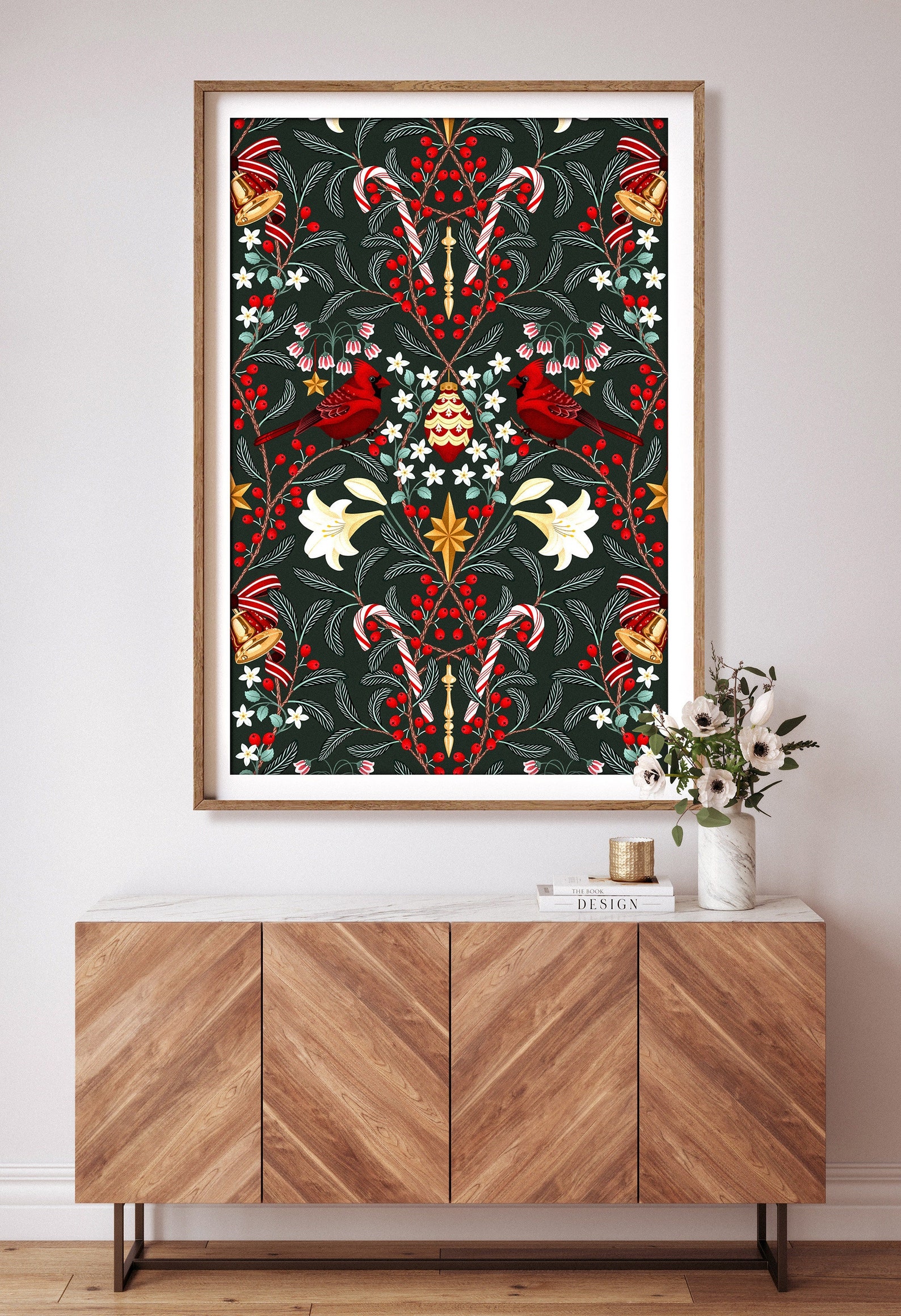 Christmas Day Art Print, Cardinals, Christmas Ornaments, Botanical ...