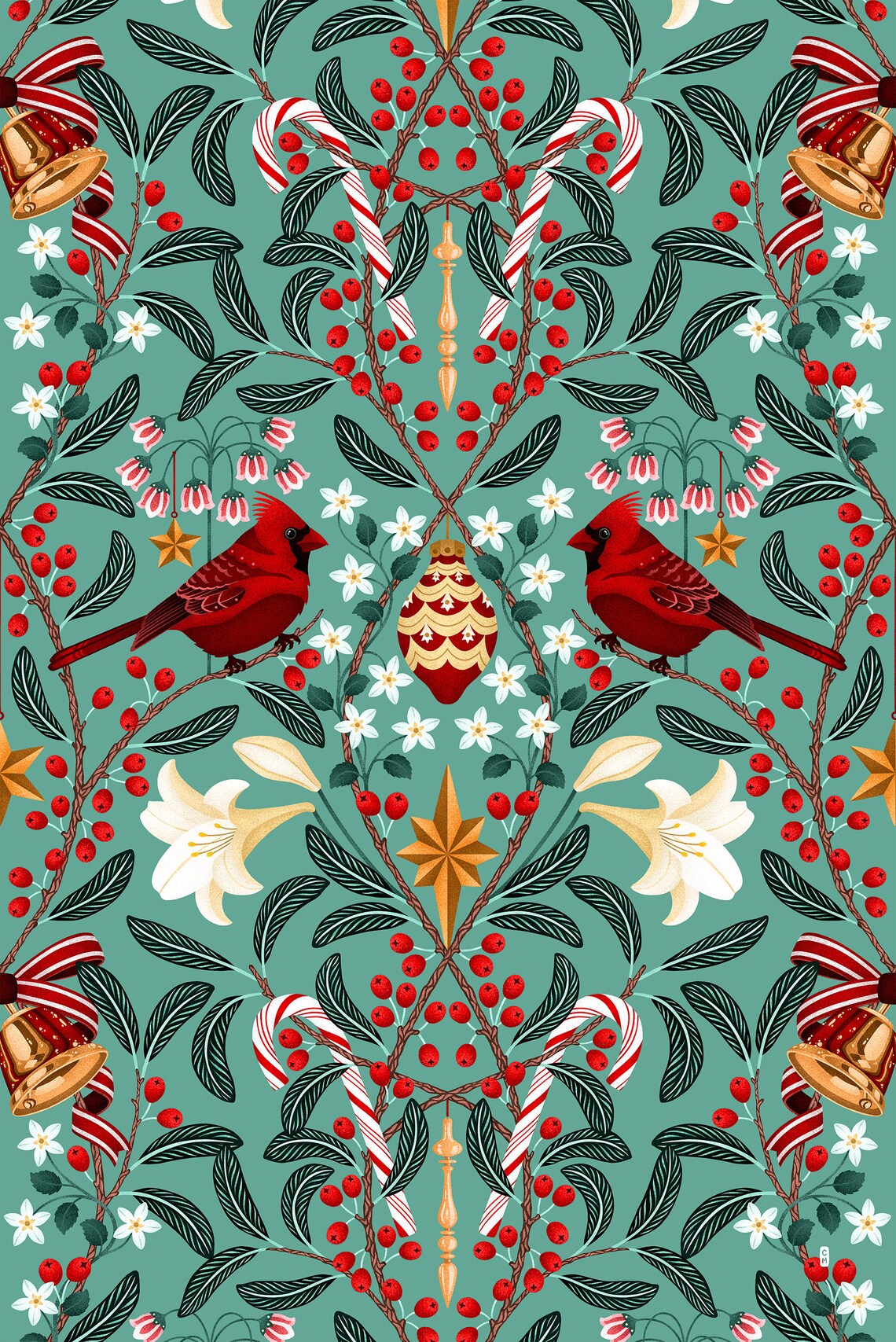 Christmas Day Art Print, Cardinals, Christmas Ornaments, Botanical ...