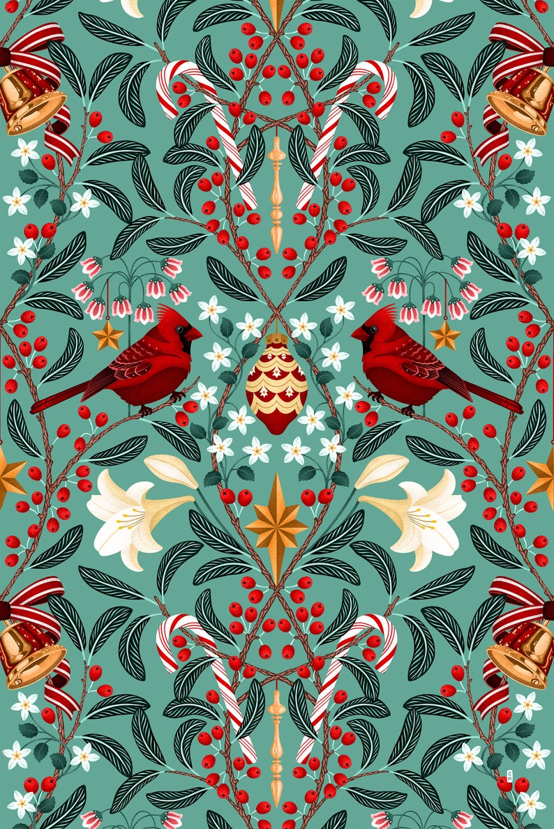Christmas Day Art Print, Cardinals, Christmas Ornaments, Botanical ...