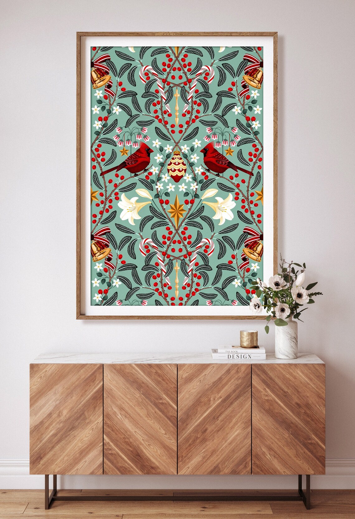 Christmas Day Art Print, Cardinals, Christmas Ornaments, Botanical ...
