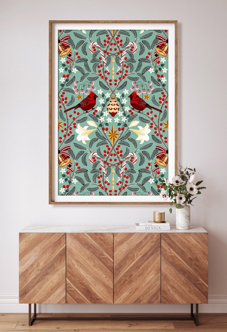 Christmas Day Art Print, Cardinals, Christmas Ornaments, Botanical ...