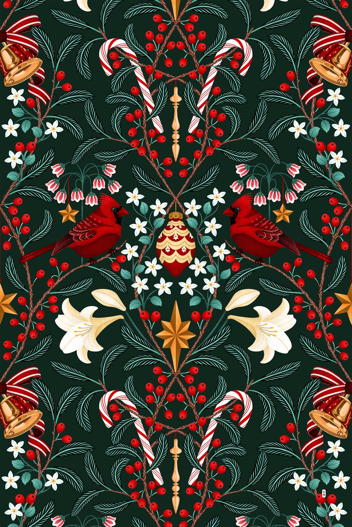 Christmas Day Art Print, Cardinals, Christmas Ornaments, Botanical ...