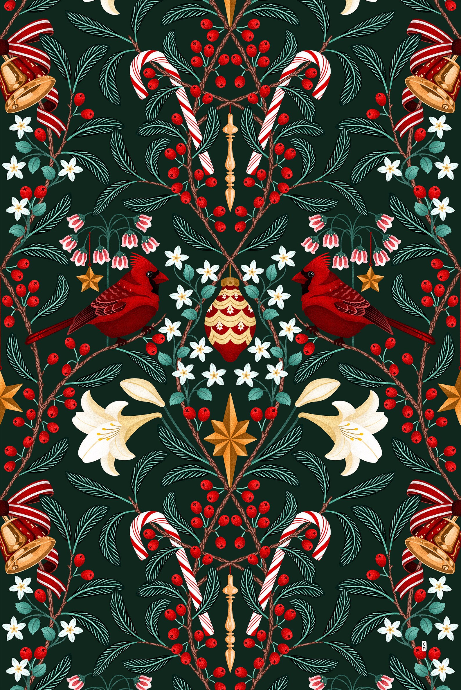 Christmas Day Art Print, Cardinals, Christmas Ornaments, Botanical ...