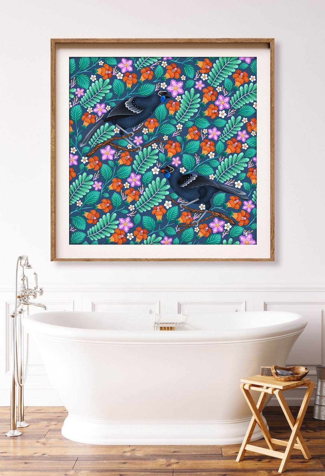 Kokako Art Print, New Zealand Bird Painting, Floral Pattern, Kiwiana ...