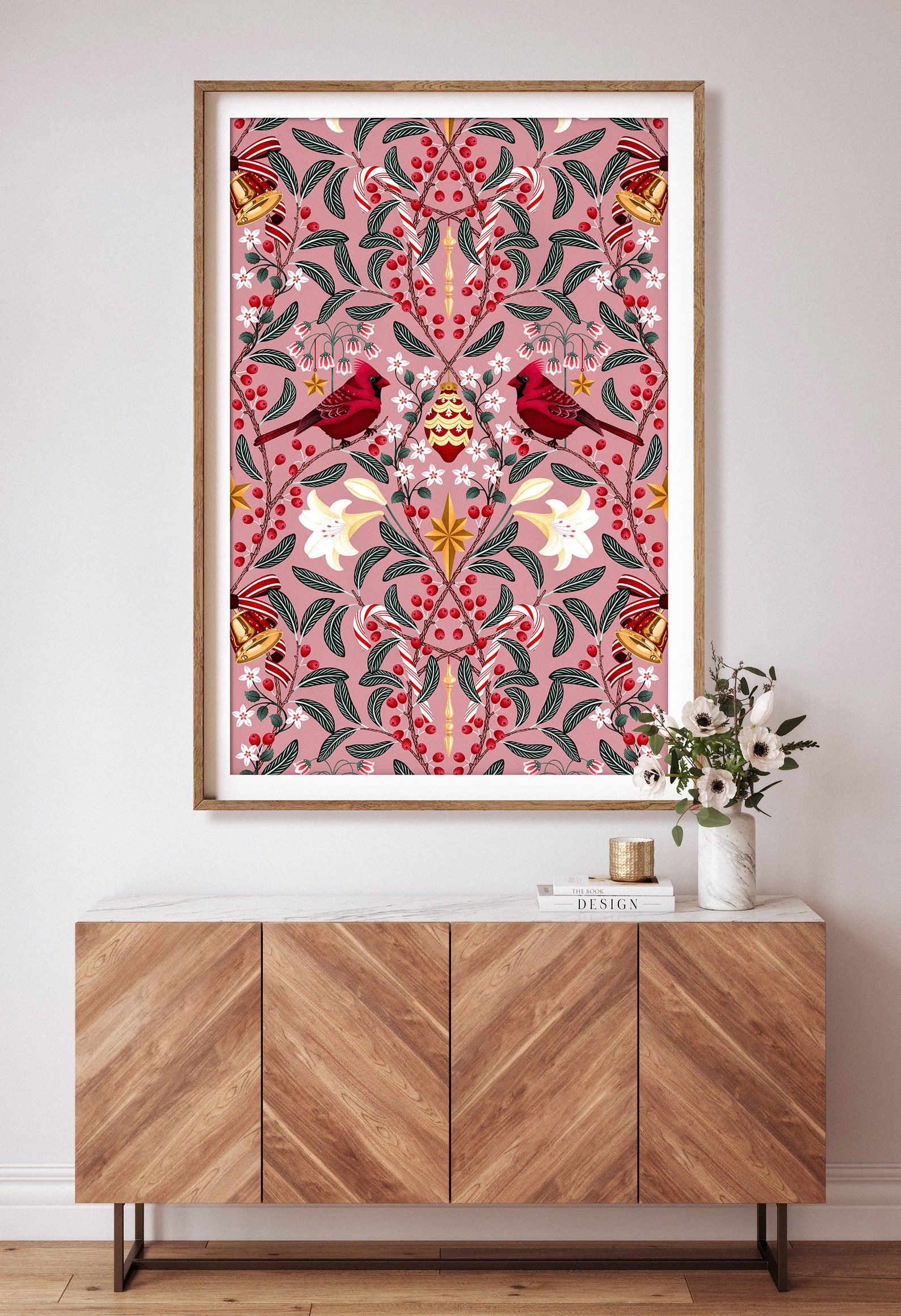 Christmas Day Art Print, Cardinals, Christmas Ornaments, Botanical ...