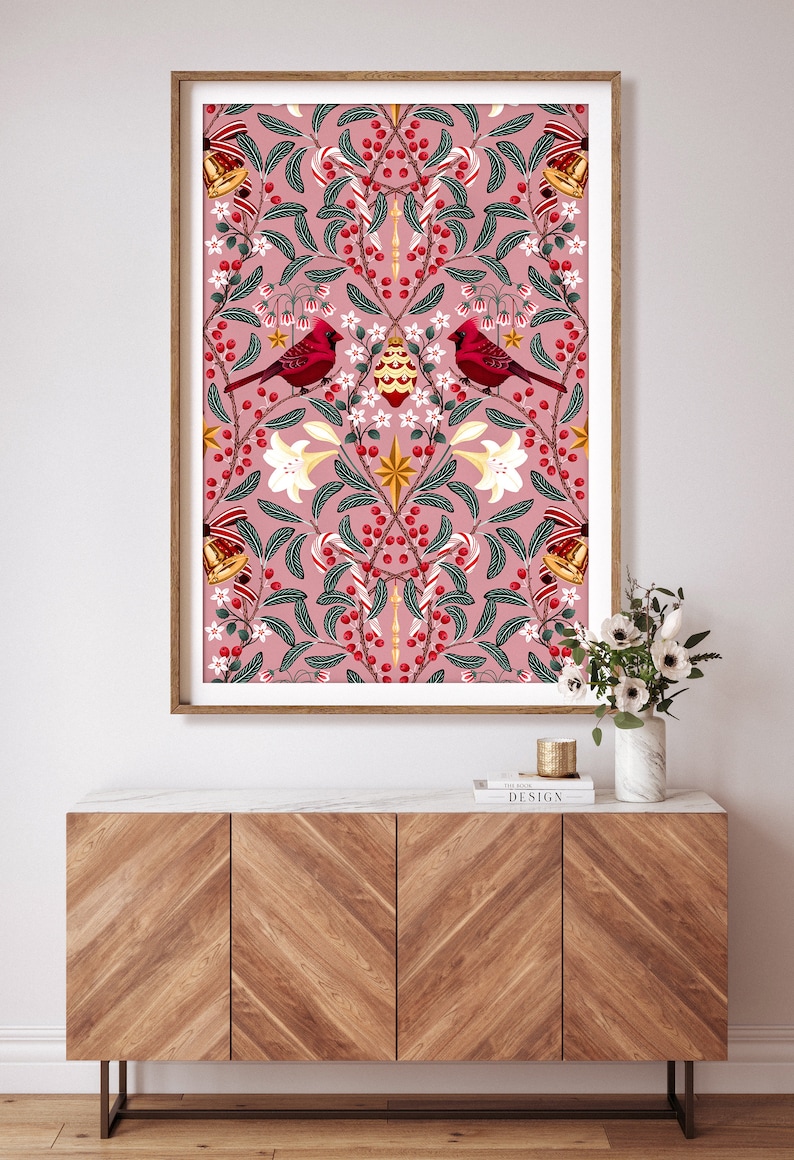 Christmas Day Art Print, Cardinals, Christmas Ornaments, Botanical ...