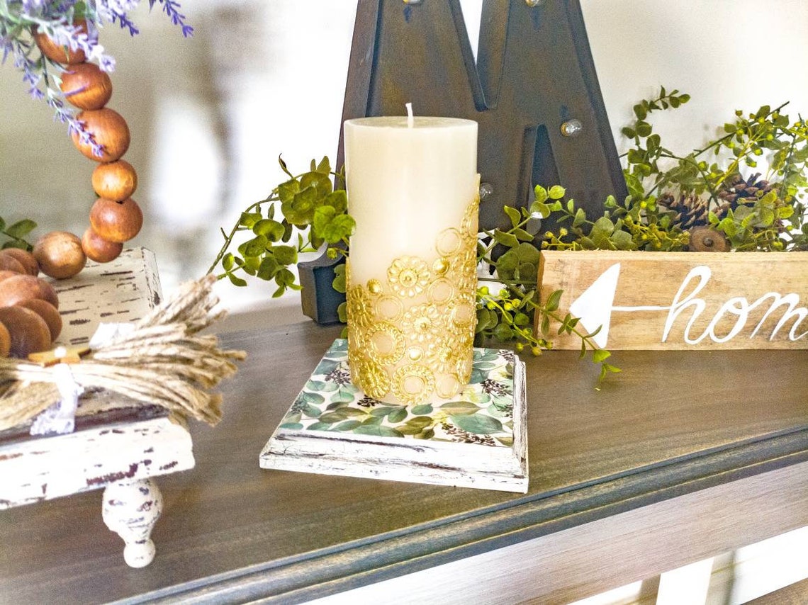 Wooden Candle Riser With Green Leaf Print - Etsy