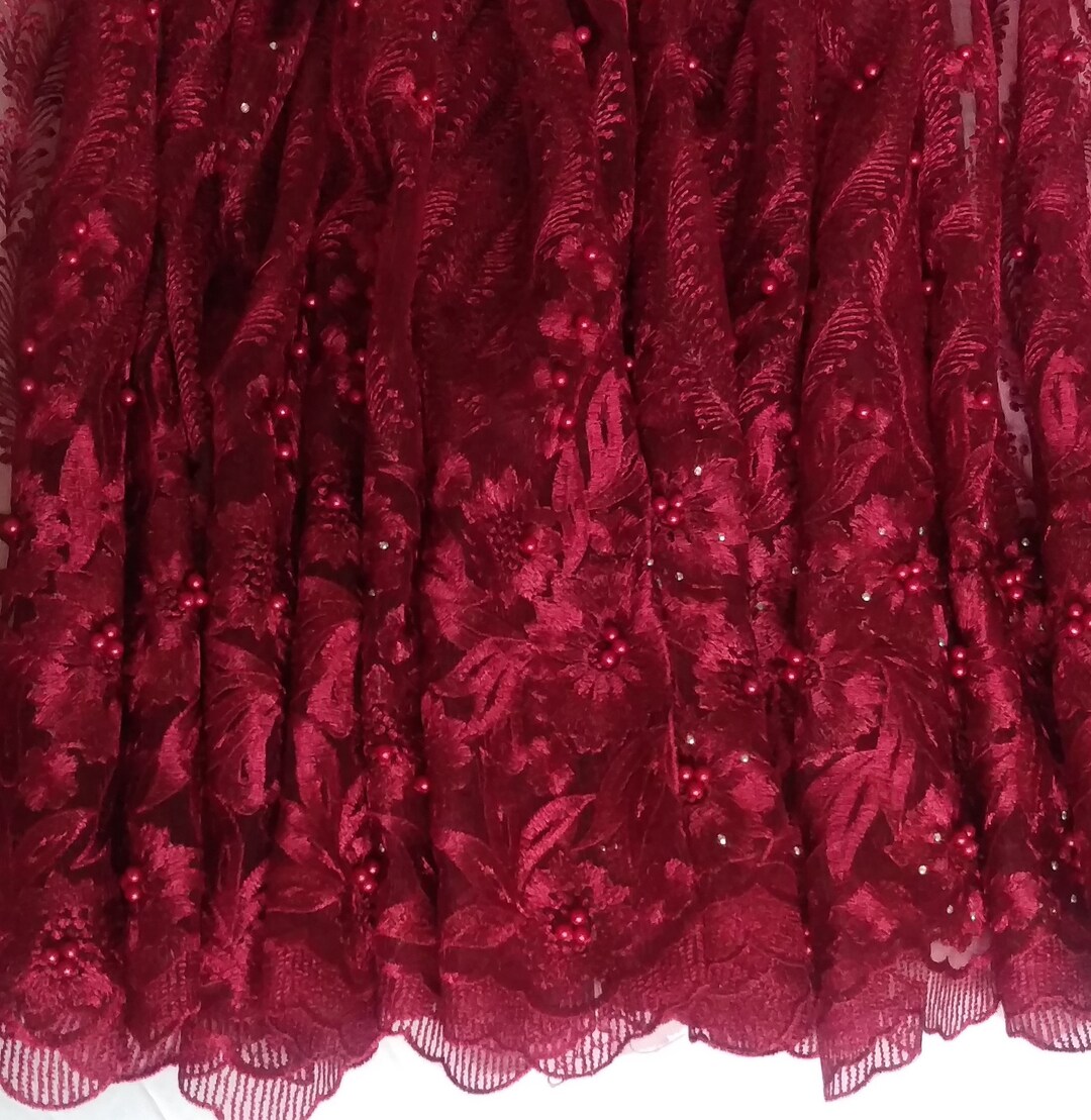 Dark Red Lace Fabric With Beads & Rhinestones 5 Yards - Etsy