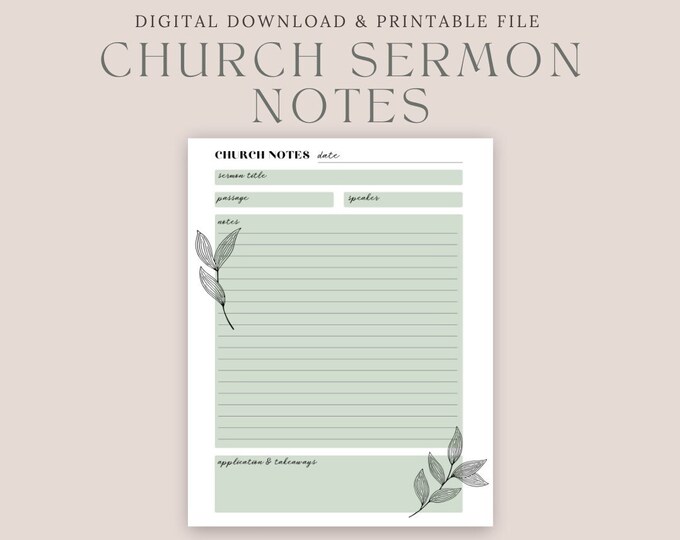 Church Sermon Notes Printable Green Floral Design, Digital Download ...