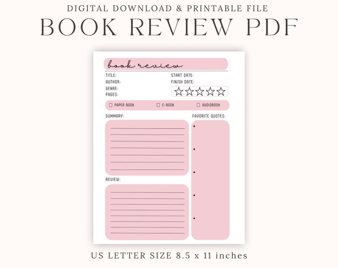Book Review Template Pink Aesthetic, Digital Download, PDF Printable ...