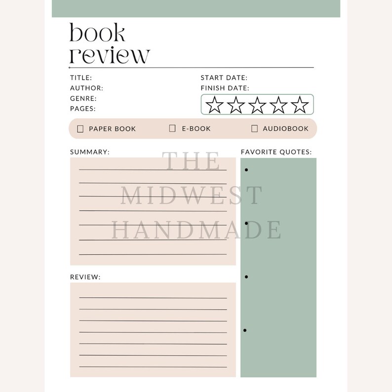 Book Review Template Digital Download PDF Printable Reading - Etsy