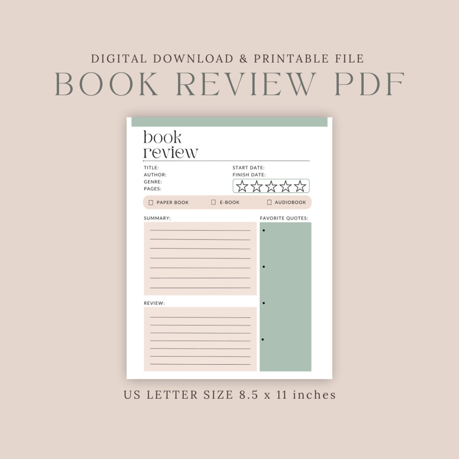 Book Review Template Digital Download PDF Printable Reading - Etsy