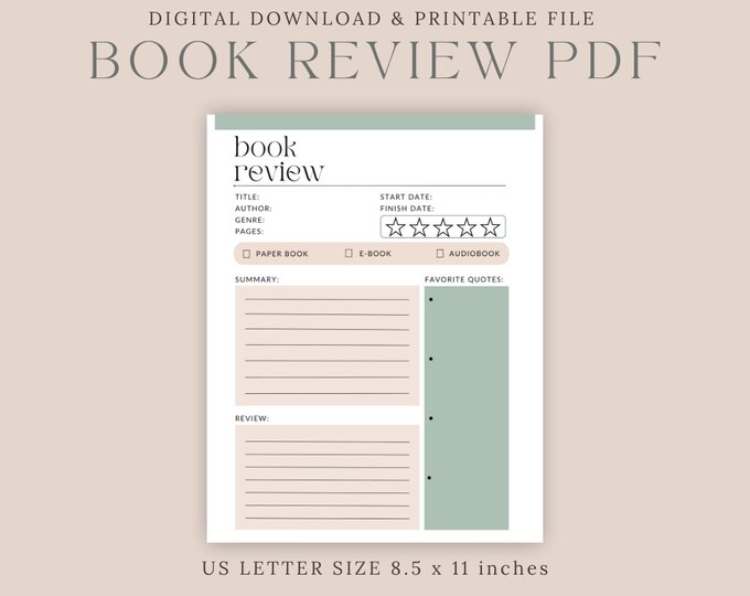 Book Review Template, Digital Download, PDF Printable, Reading Journal ...