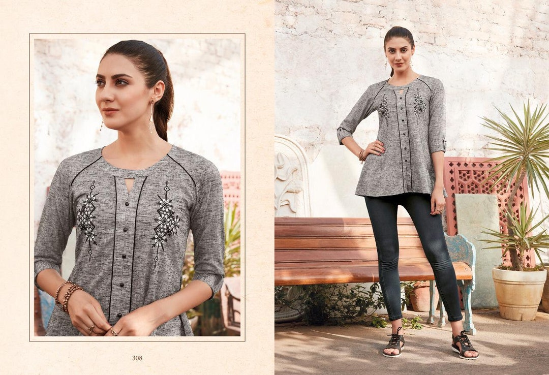 Women Indian Kurti Kurta Soft Rayon Embroidered Short Tunic Tops Shirt ...