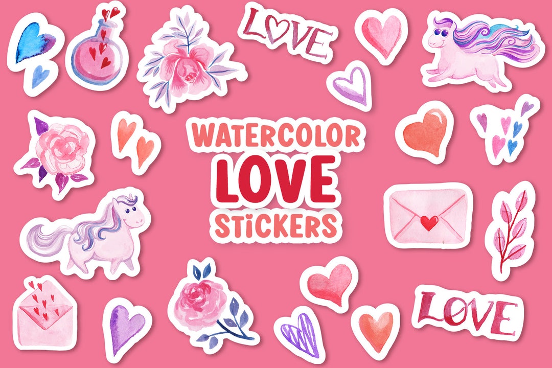 Watercolor Love Sticker Bundle, Love Clipart Bundle, Valentines PNG ...