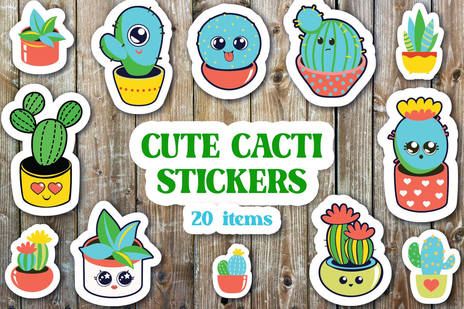 Cactus Sticker Pack Cute Cacti Characters PNG Succulent - Etsy