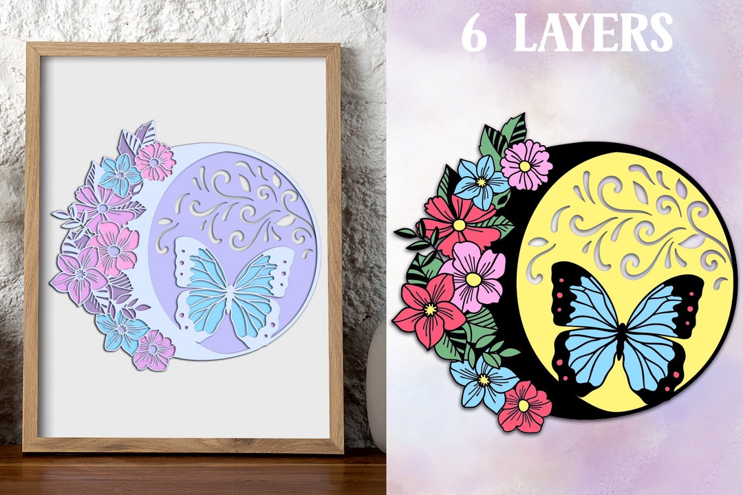 Layered Butterfly Moon SVG, Laser Cut Floral Moon, 3D Floral Moon ...