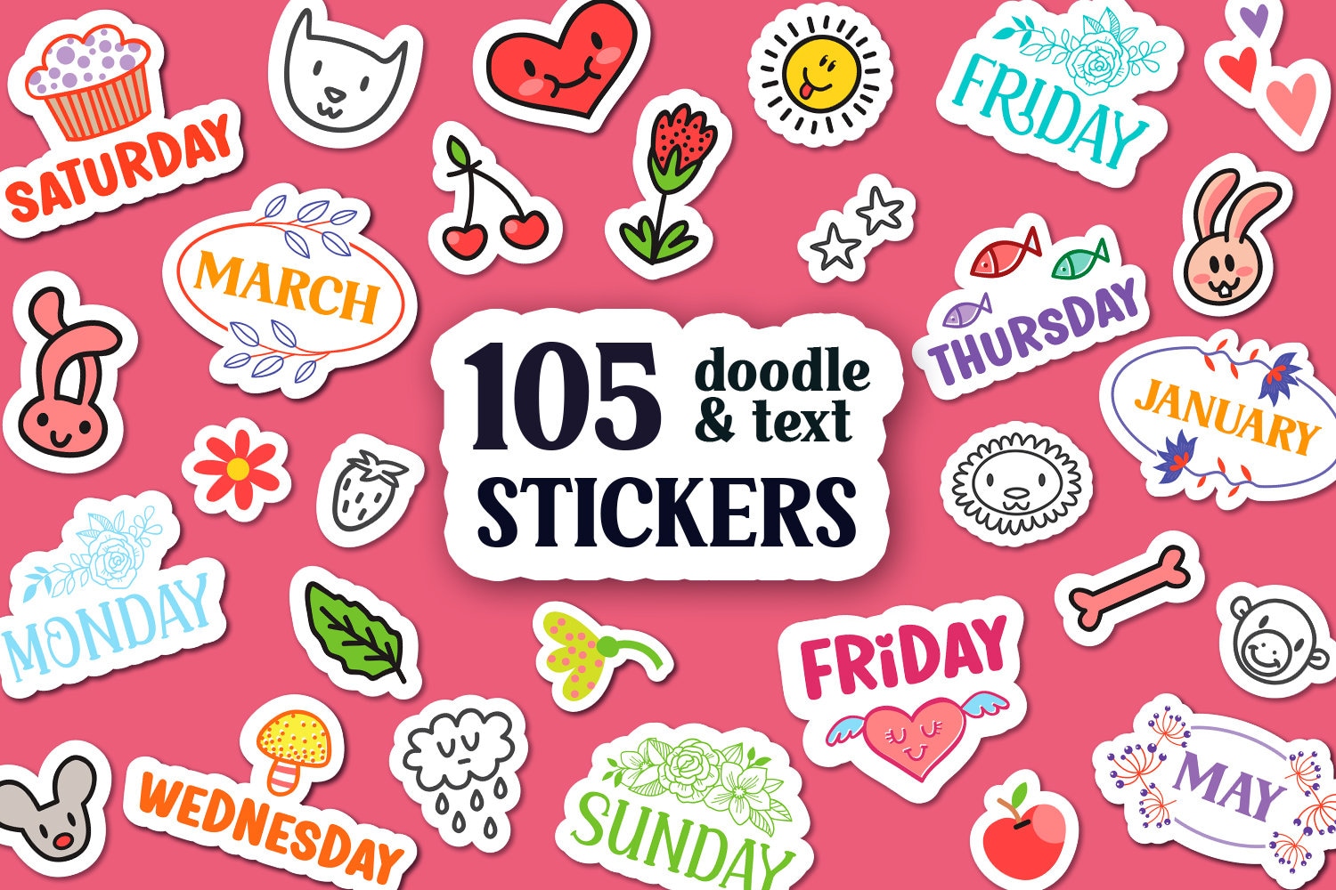 Doodle and Text Stickers Cute Sticker Bundle Weekday Sticker - Etsy