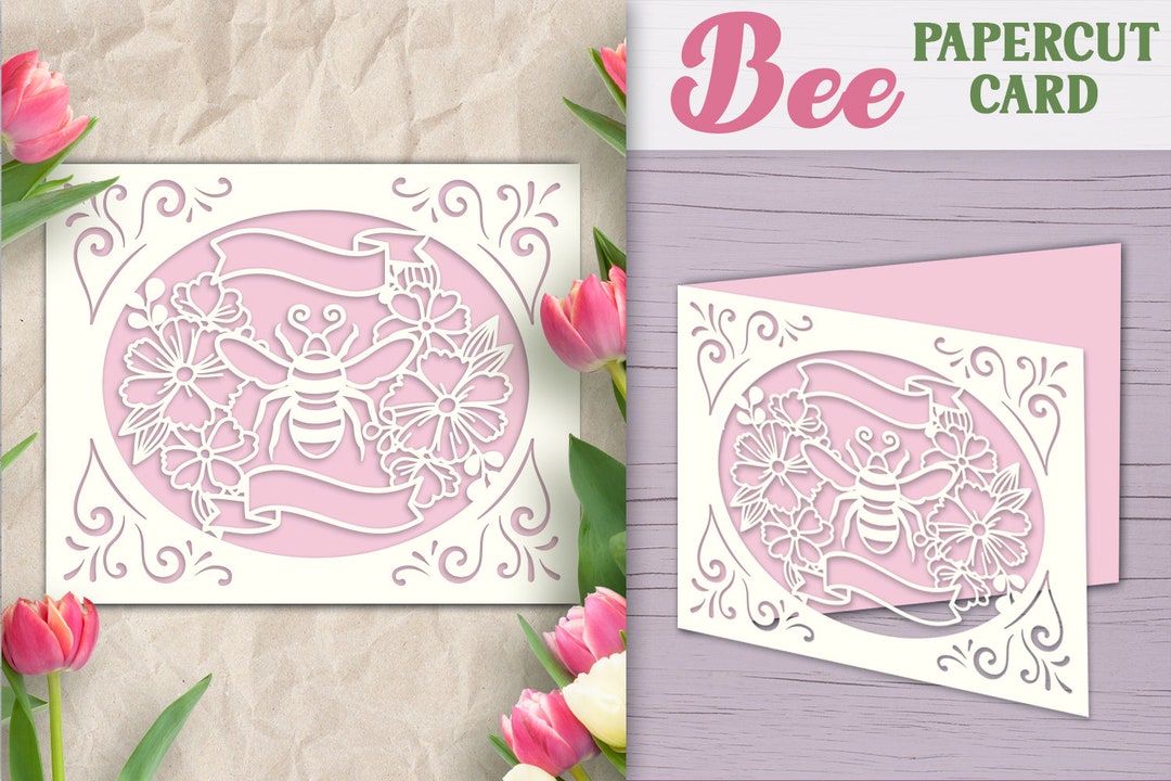 Bee Papercut Card, Floral Card SVG, Papercut Card With Flowers, Bee ...