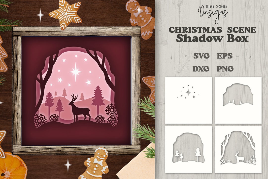 Christmas Scene Shadow Box, Forest Landscape Scene With Reindeer ...