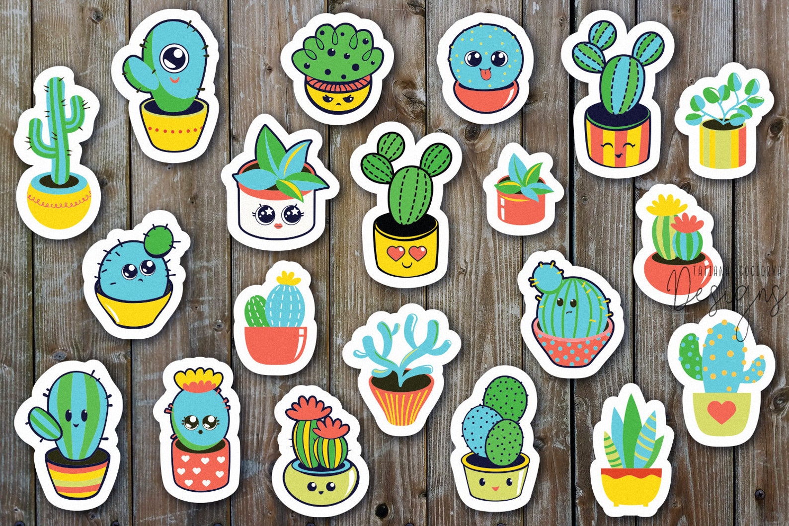 Cactus Sticker Pack Cute Cacti Characters PNG Succulent - Etsy