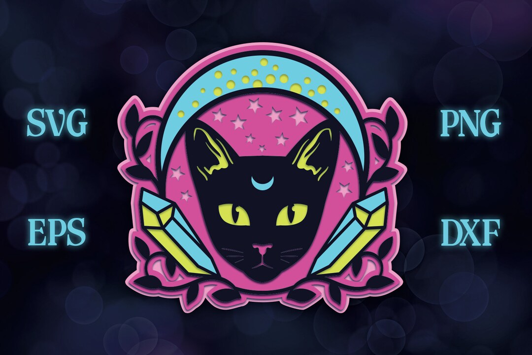 Layered Cat SVG File, Cat and Crystals SVG, Celestial Cat SVG, Black ...