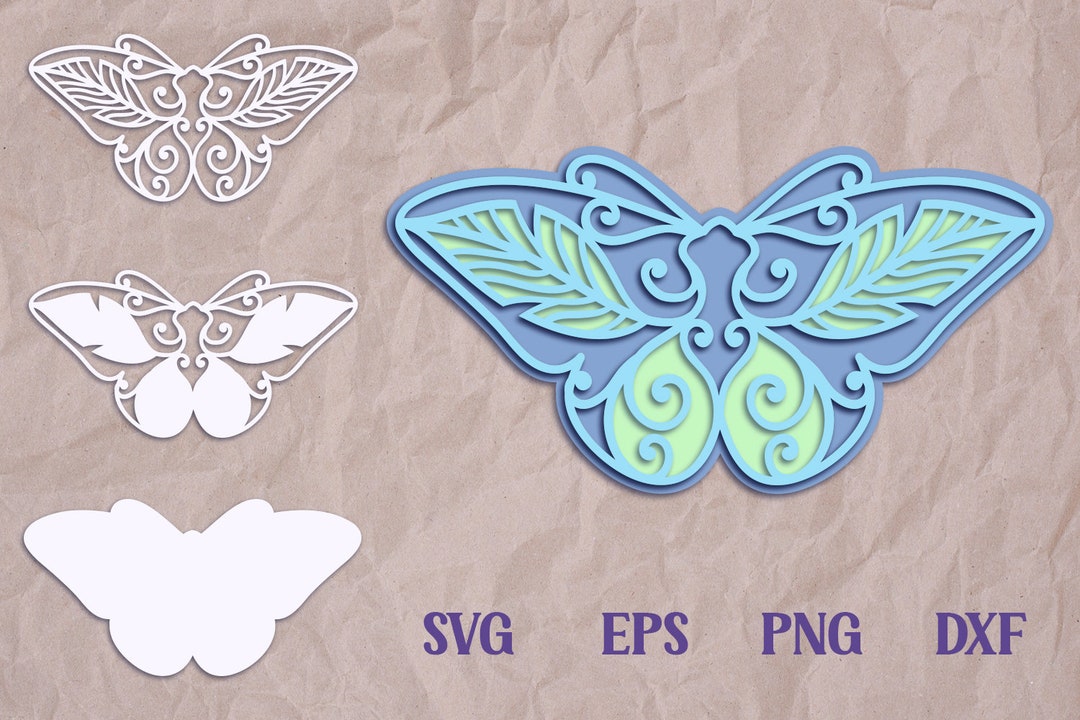 Layered Moth SVG, 3D Butterfly SVG, Layered Moth With Leaves SVG ...