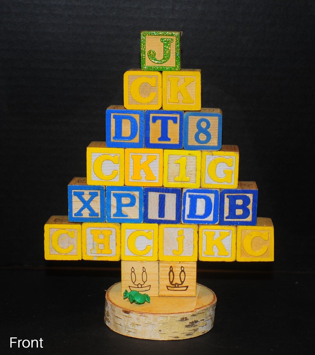 VTG Wooden Alphabet Blocks Holiday Tree / Blue & Yellow / 23 Blocks / 9 ...