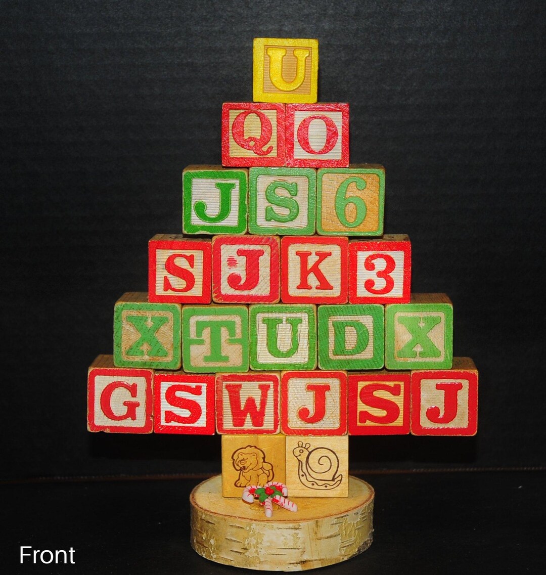 VTG Wooden Alphabet Block Christmas Tree / Birch Base / 23 Blocks / 9.5 ...