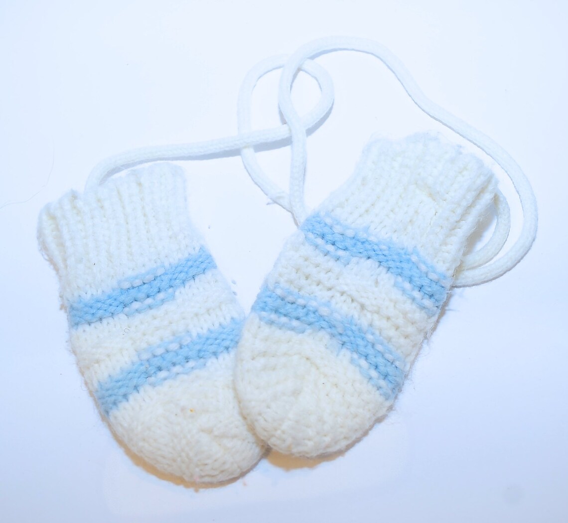 VTG 60's 70's / Blue & White Knit Mittens W/ Mitten String / Newborn, 3 ...