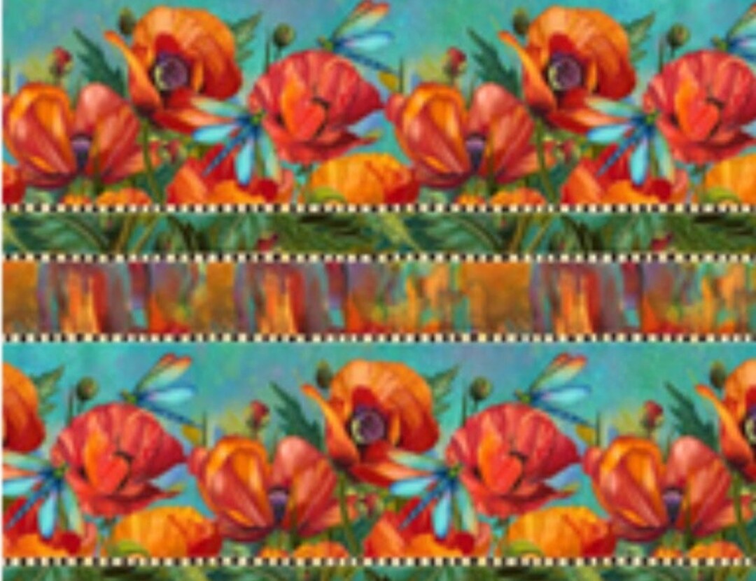 Border Stripe-poppies and Dragonflies-charisma Collection-northcott ...