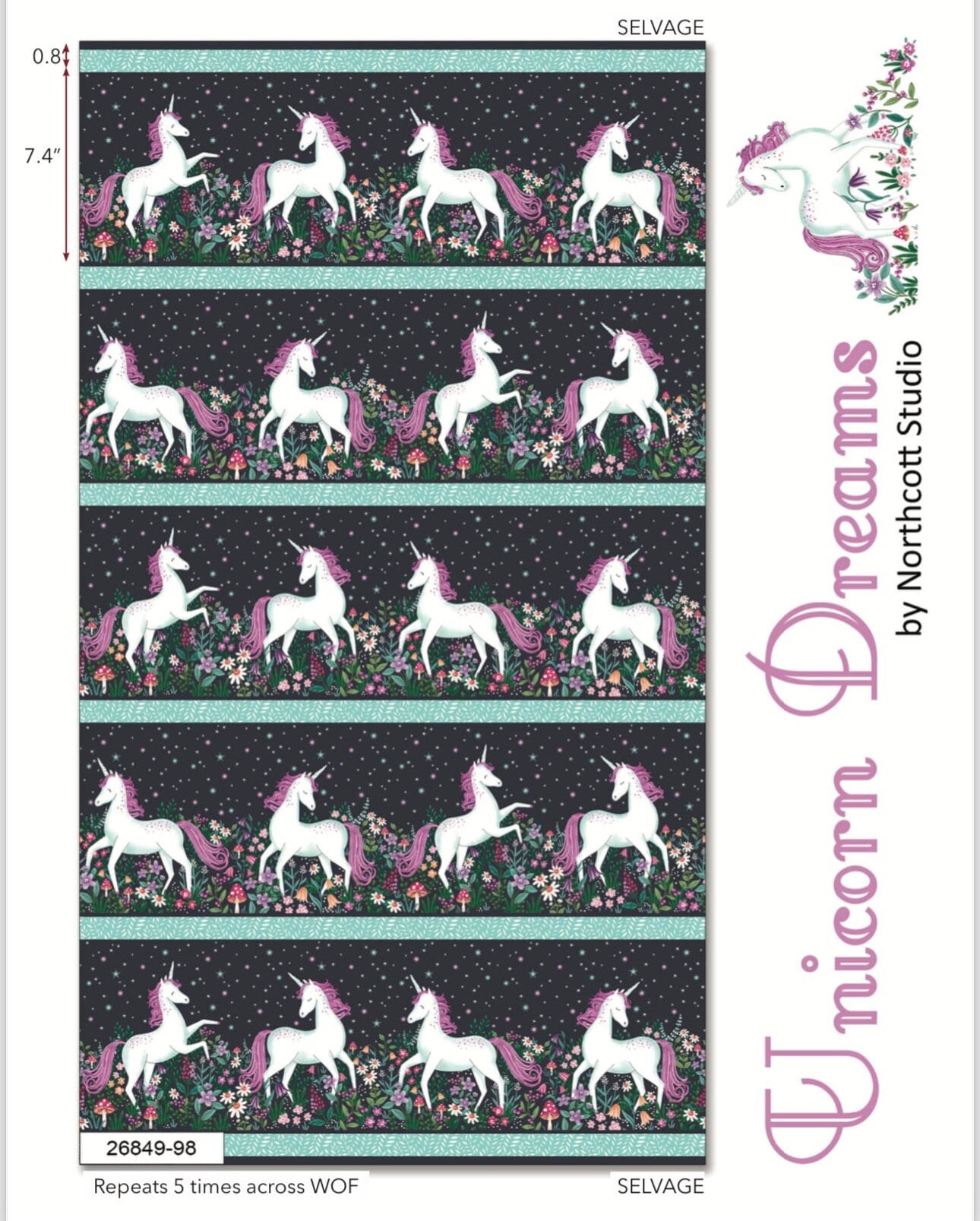 Unicorn Dreams-unicorn Portrait-turquoise-northcott-100 Percent Cotton ...