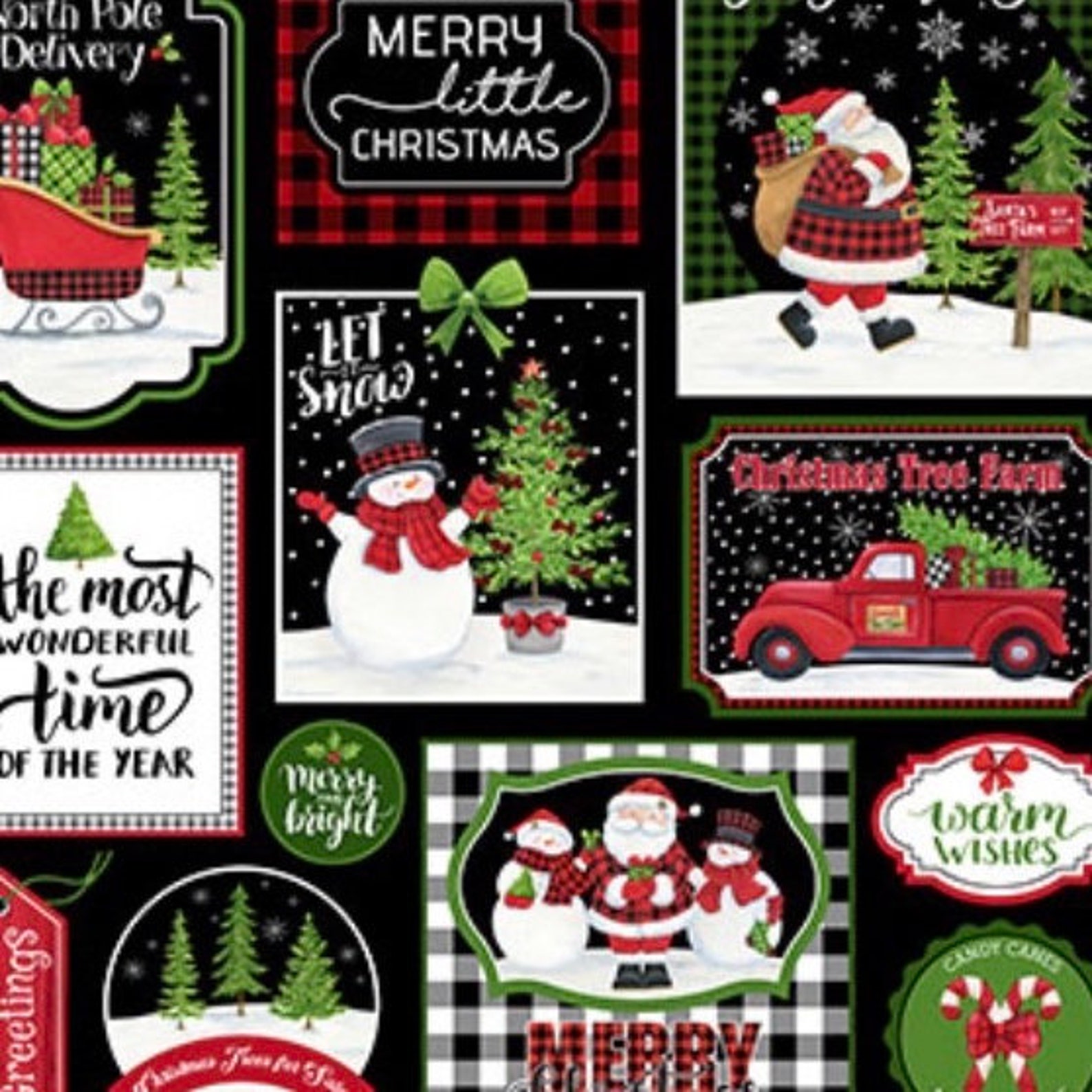 Santa Block Panel-black-santas Tree Farm-pattern Repeats - Etsy