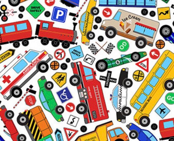 All Around Town-vehicle Toss-white Multi-northcott-deborah - Etsy