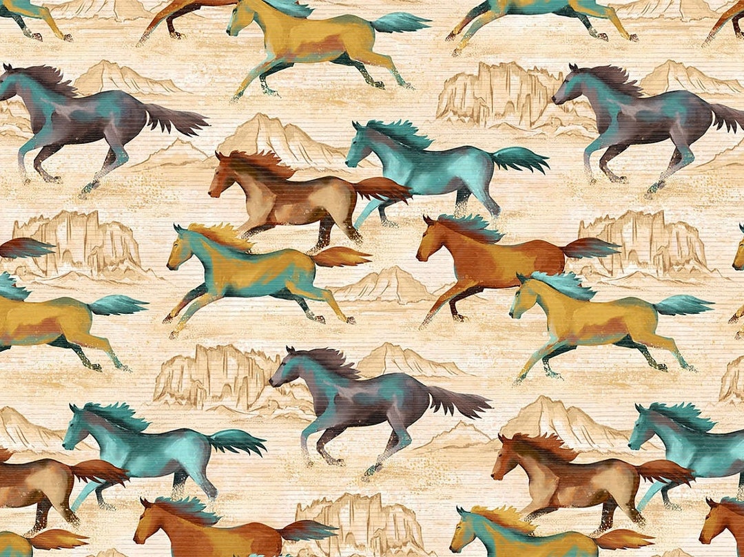 Southwest Vista-horses-mustang-deborah Edwards-northcott Fabrics-100 % ...