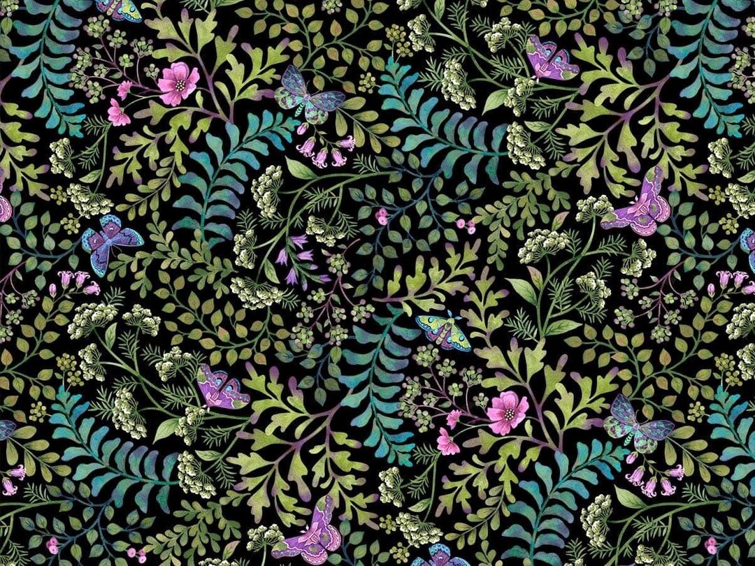 Nightshade-leaf and Moth-black Multi-northcott Fabrics-deborah Edwards ...