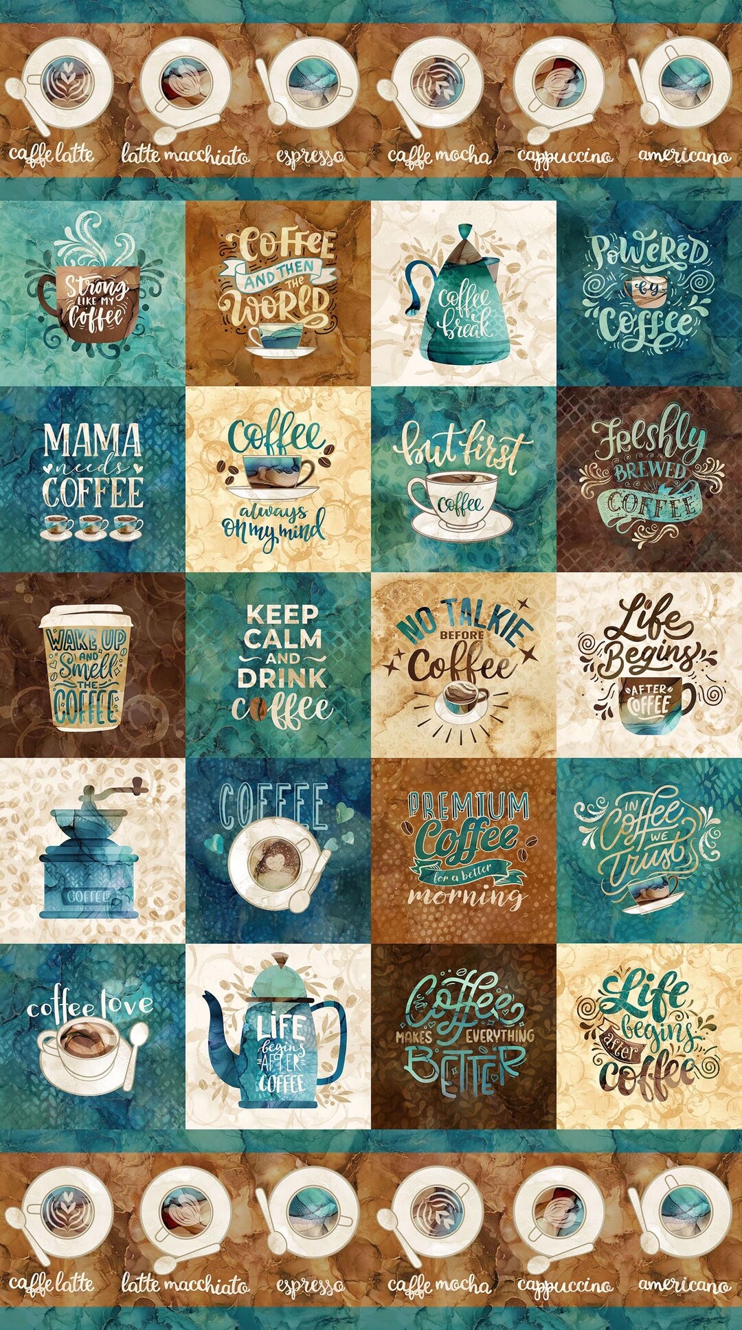 Barista Collection-coffee Block Panel-24” X 43”-teal-northcott Fabrics ...