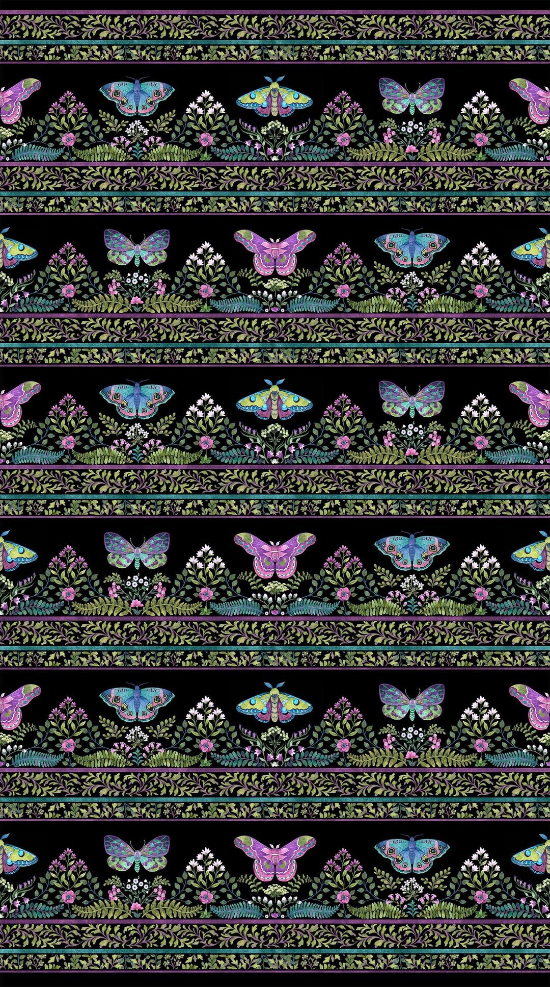 Nightshade-moth Floral Border Stripe-northcott Fabrics-deborah Edwards ...