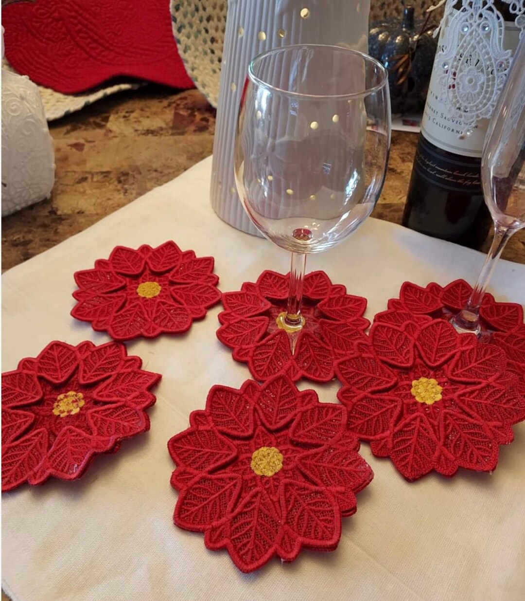 Poinsettia Lace Embroidered Coasters, Set of 6, Christmas, Holiday ...