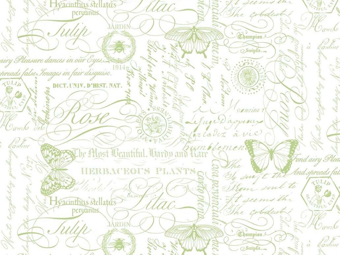 Deborahs Garden-toile-script-white-green-french-script-northcott ...