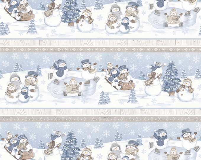 Border Stripe-snowman Wonderland-light Blue-flannel-snow Much Fun-by ...