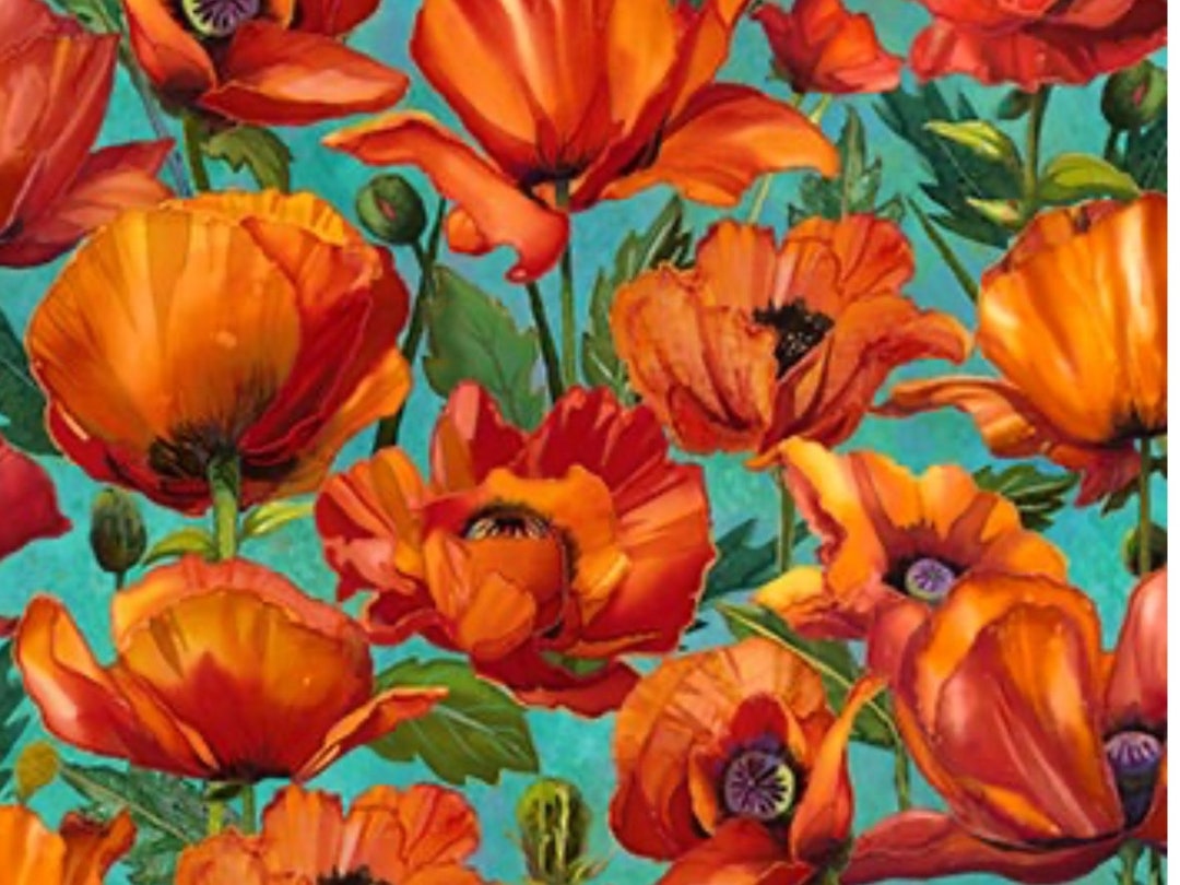 Poppies-turquoise-orange-charisma Collection-northcott Fabrics-nancy Dunlop Cawdrey-100% ...