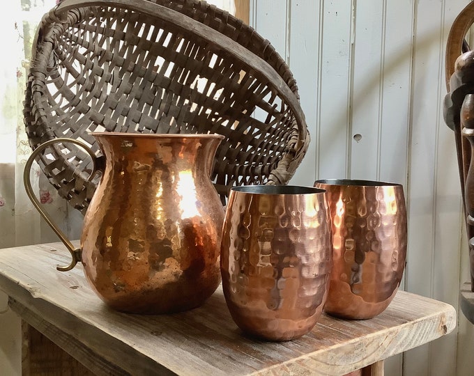 Vintage Copper Pitcher With 2 Cups Made in India by Teleflora Hammered ...