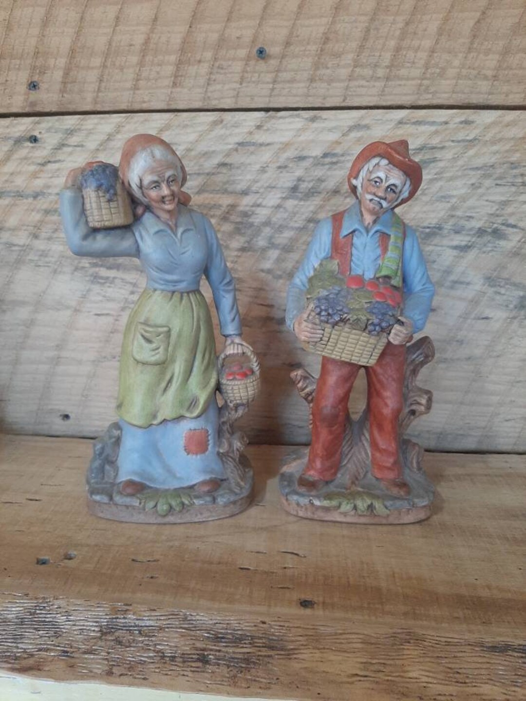 Set of 2 Country Man & Woman Porcelain Figurines, Farmers Carrying ...