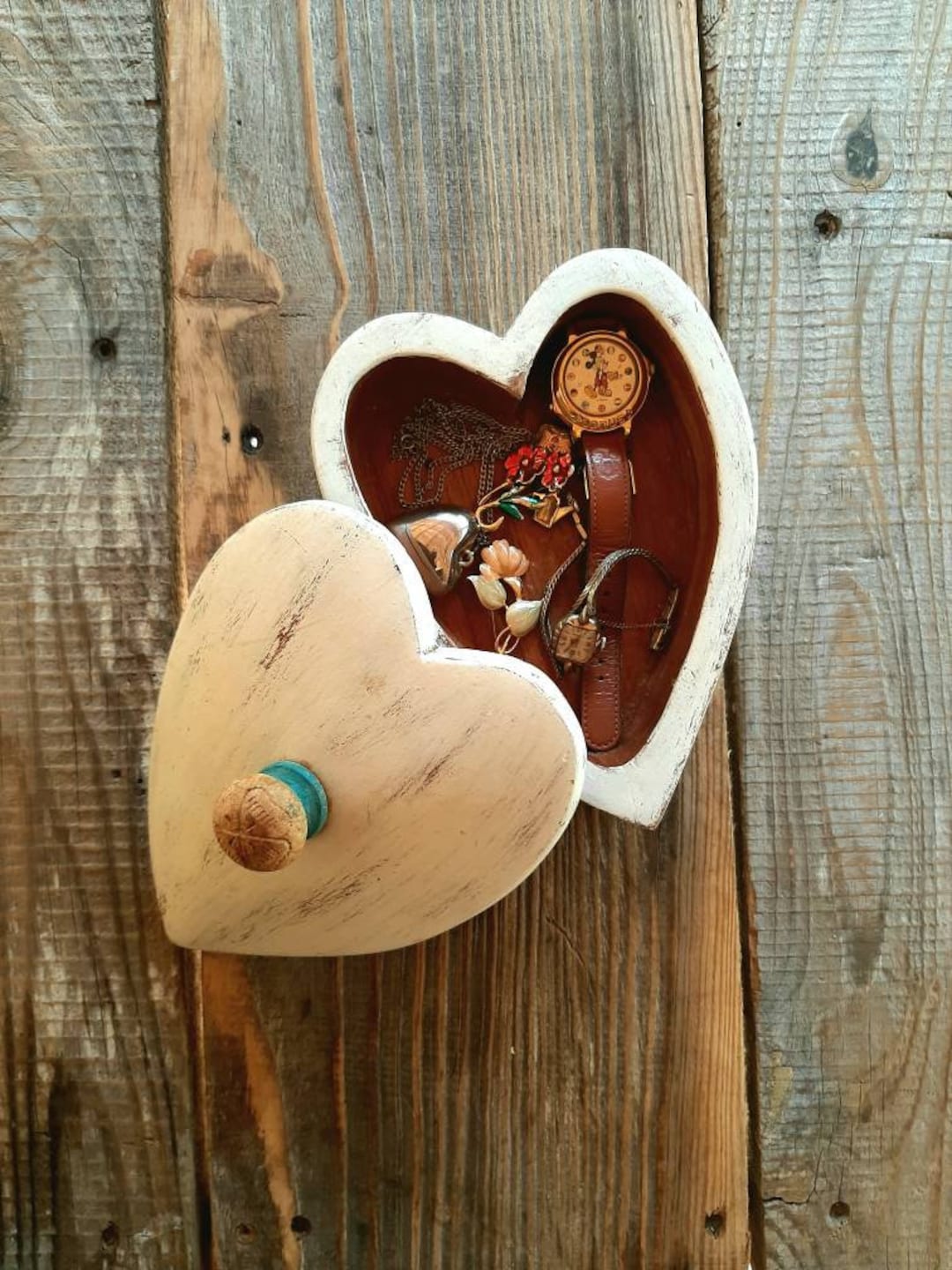 Vintage Handmade Wooden Heart Box With Lid- Heart Jewelry or Trinket ...