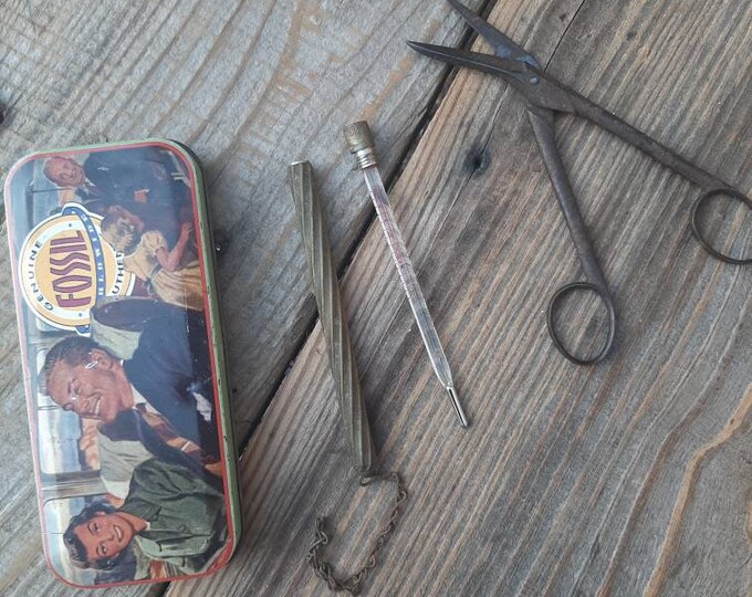 Very Old Doctors Thermometer and Scissors With a fossil Tin a VERY RARE ...