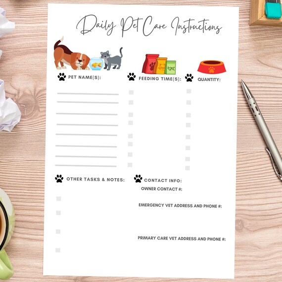 Daily Pet Care Instructions Sheet Includes Place for Pet Name - Etsy