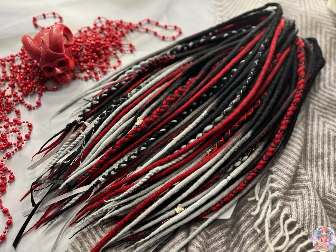 Wool Dreadlocks + Braids Ombre Black on Light Gray Platinum, Tomato Red ...