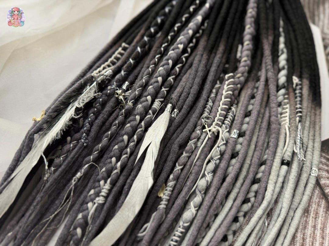 Wool Dreadlocks Braids With Ribbons Ombre Black, Shades of Gray, Light ...