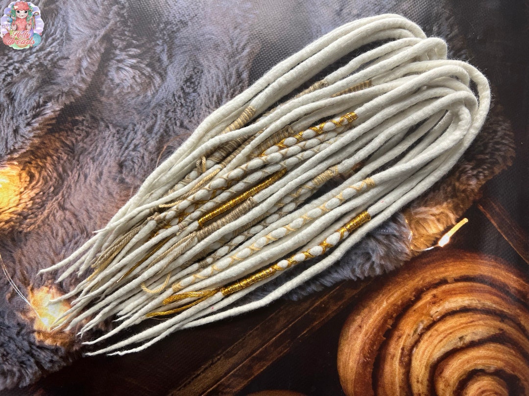 Wool Dreadlocks White + Bandage Gold and Beige Thread Beads as a Gift ...